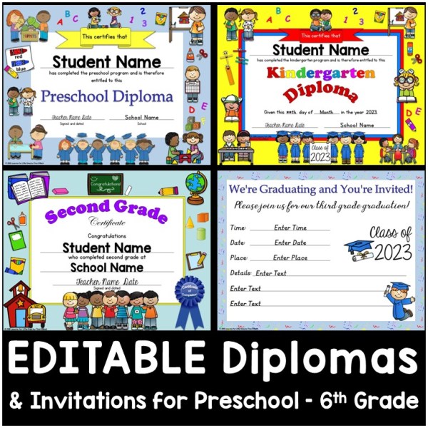 Editable Elementary School Diplomas and Certificates for Grades 1-6 ...